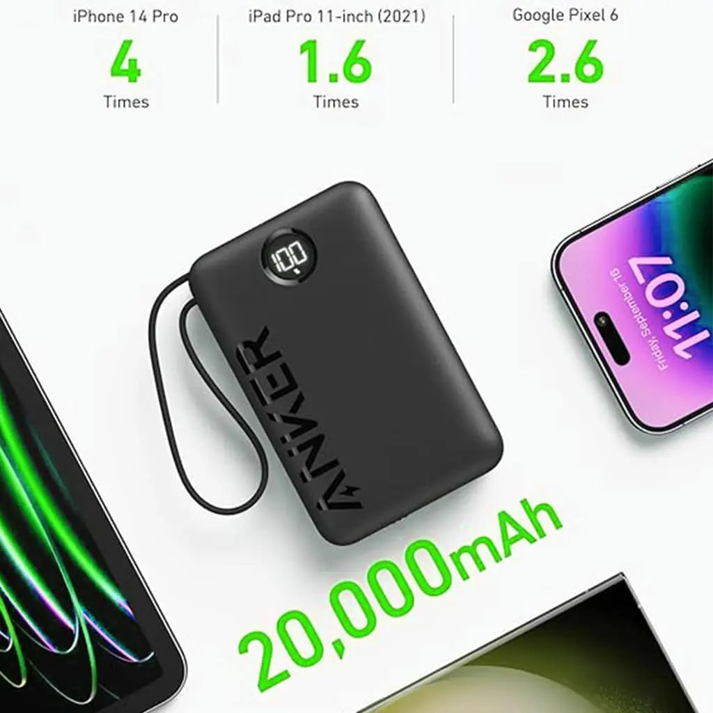 Anker Power Bank (20,000mAh, 22.5W) with BuiltIn USBC Cable Black – TECH VERGE